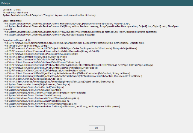 EDP Vision - Vid inloggning visas felmeddelandet "The given key was not present in the ...